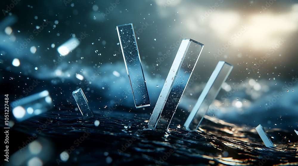 Shattered glass like bars floating in turbulent water create dramatic ...