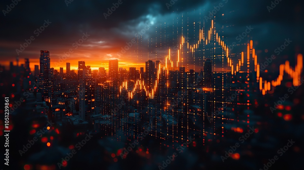 stock market graph shows rising trends, with houses and an upward arrow ...