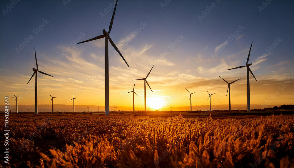 wind turbine farm sundown,renewable energy background with green energy ...