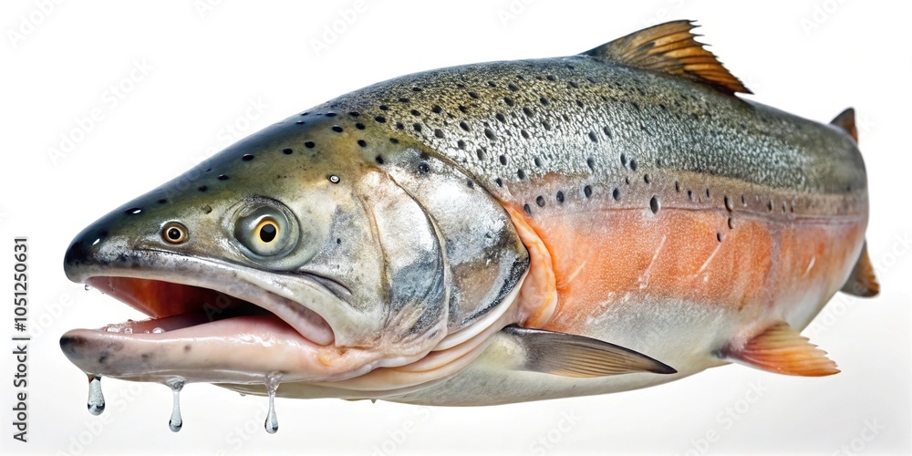 Salmon with slimy mucus drips from its gills, aquatic life, mucus drip ...