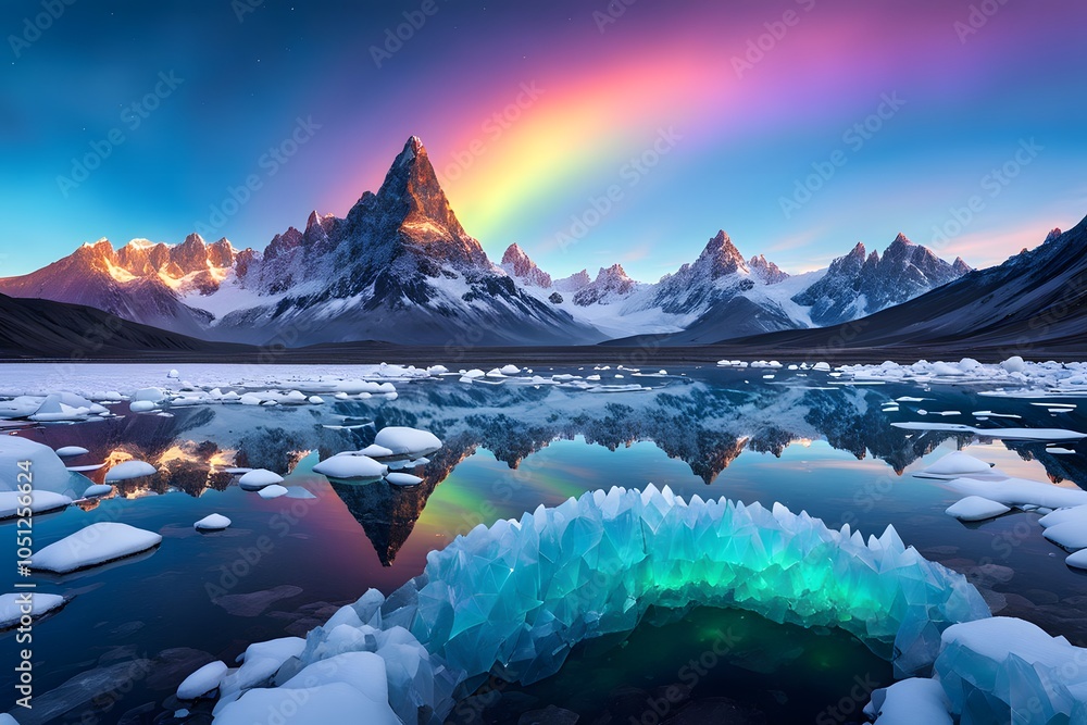 A snowy alien landscape with rainbow colored ice crystals and a distant ...
