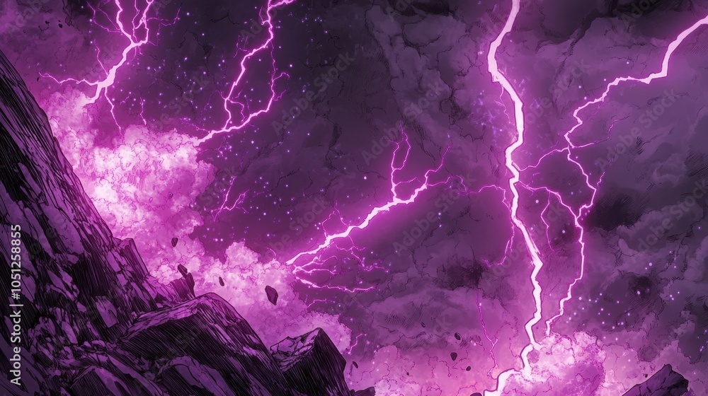 A striking comic art background filled with bold purple lightning ...