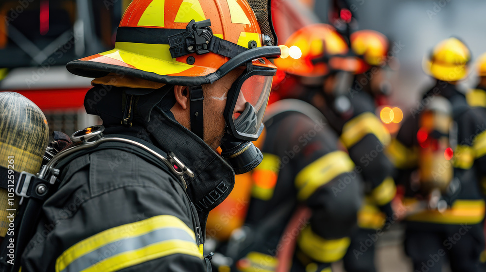Firefighters in protective gear stand ready to respond to emergency ...