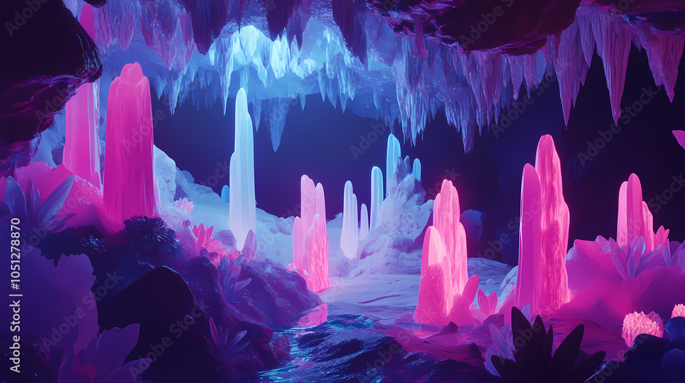 Explore the icy cave featuring jagged stalactites and vibrant flora in ...
