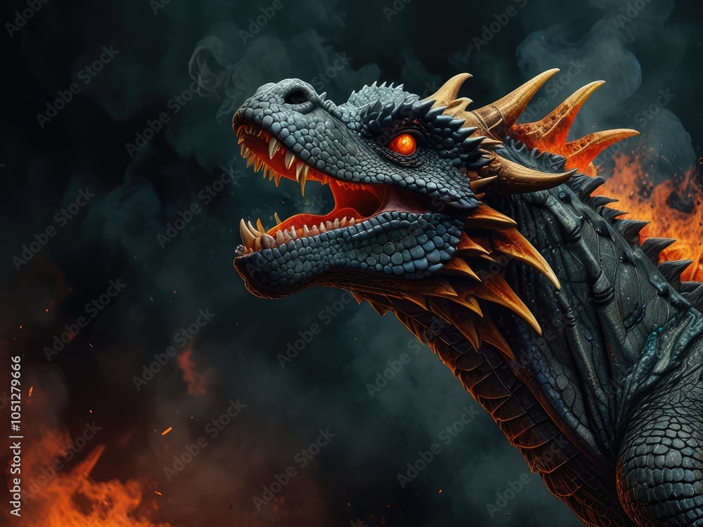 An immense and powerful dragon breathing fire. digital art illustration ...