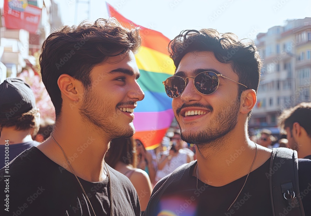 Two handsome young men at the pride parade, smiling for the camera ...