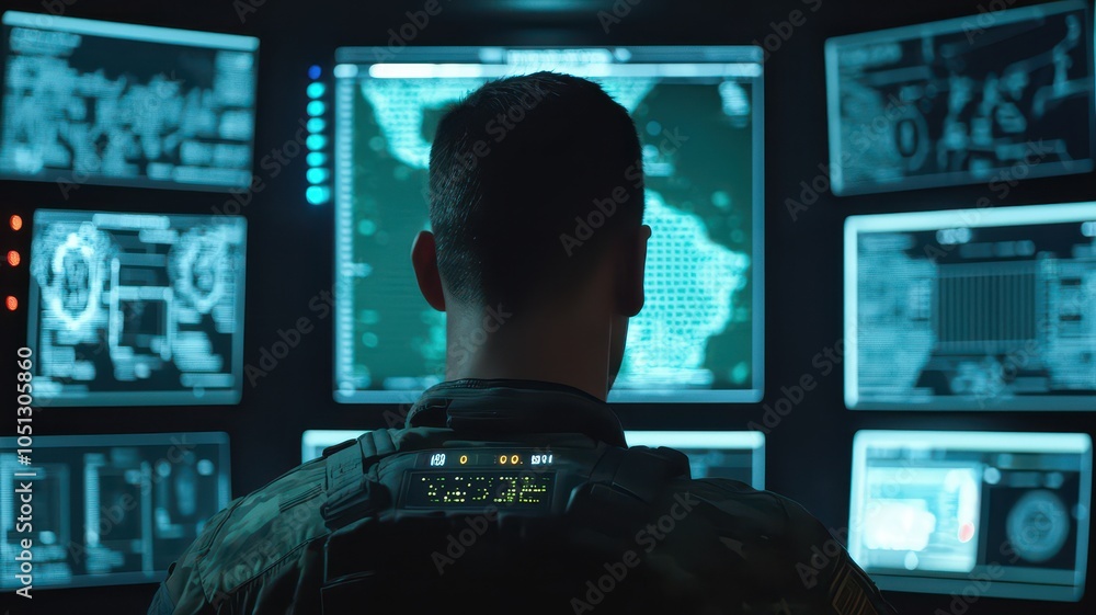 Cyber Warfare: A lone soldier, shrouded in darkness, monitors a network ...