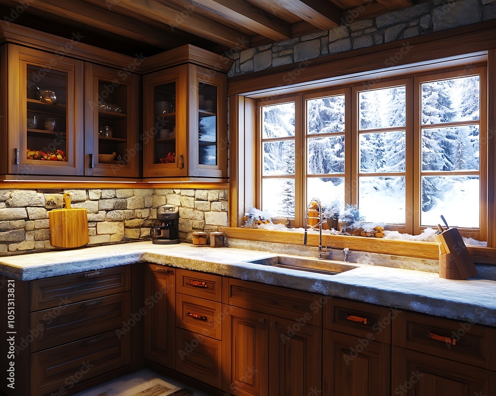 A cozy winter cabin kitchen with wooden cabinets, a stone backsplash ...