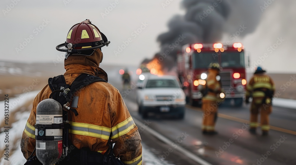 firefighter observes serious car crash on highway off ramp, with smoke ...