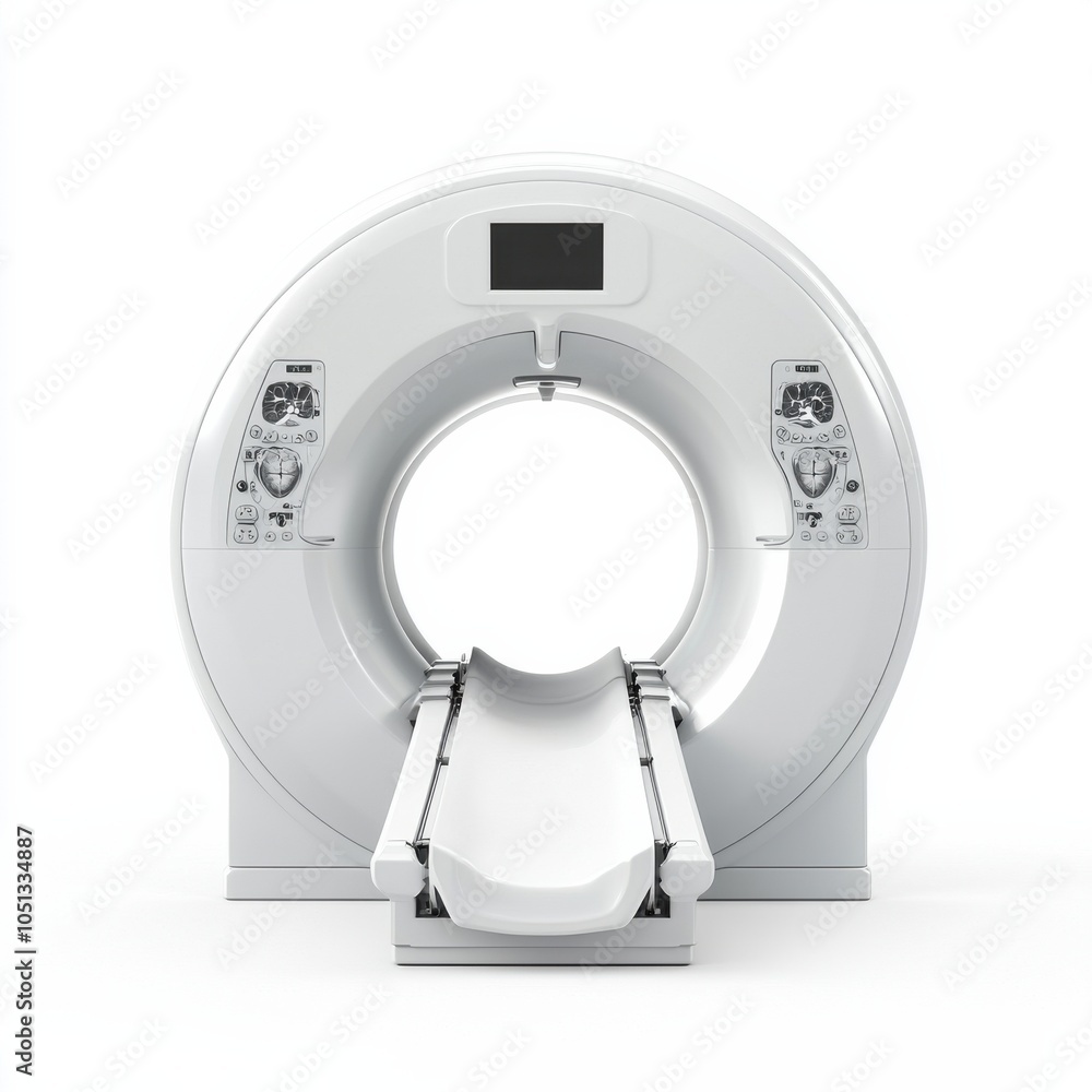 A modern CT scanner with a circular design, featuring control panels ...