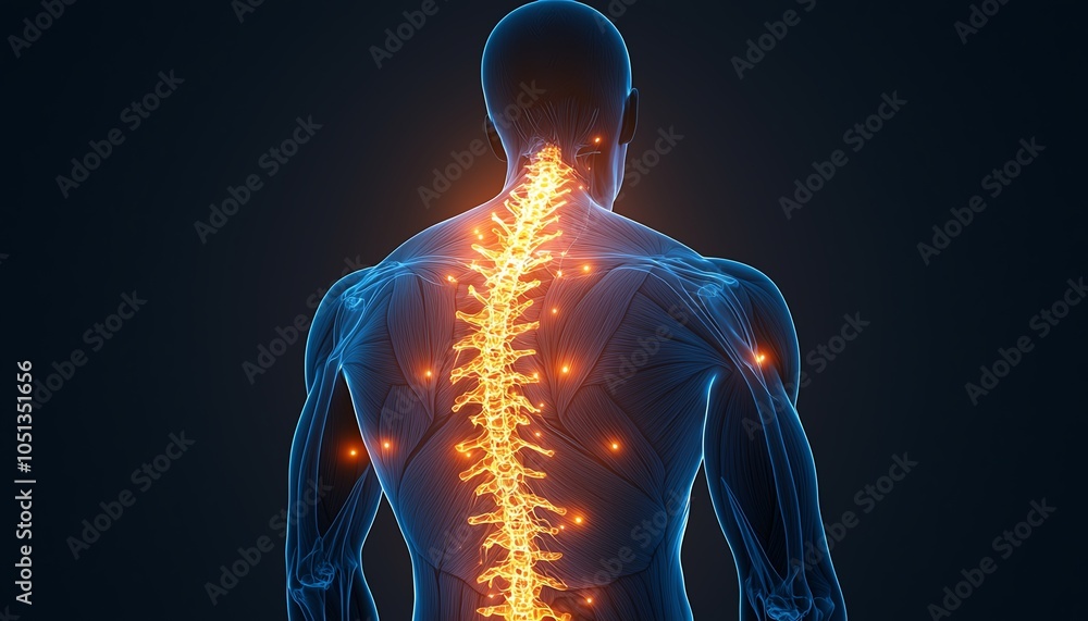 3D Xray of a human back with intense glowing areas showing muscle knots ...