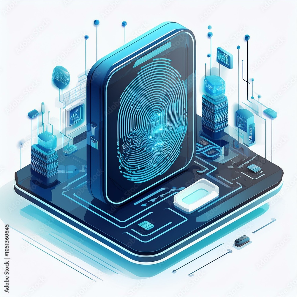 A Detailed Isometric Design Depicting The Future Of Security With Fingerprint Technology