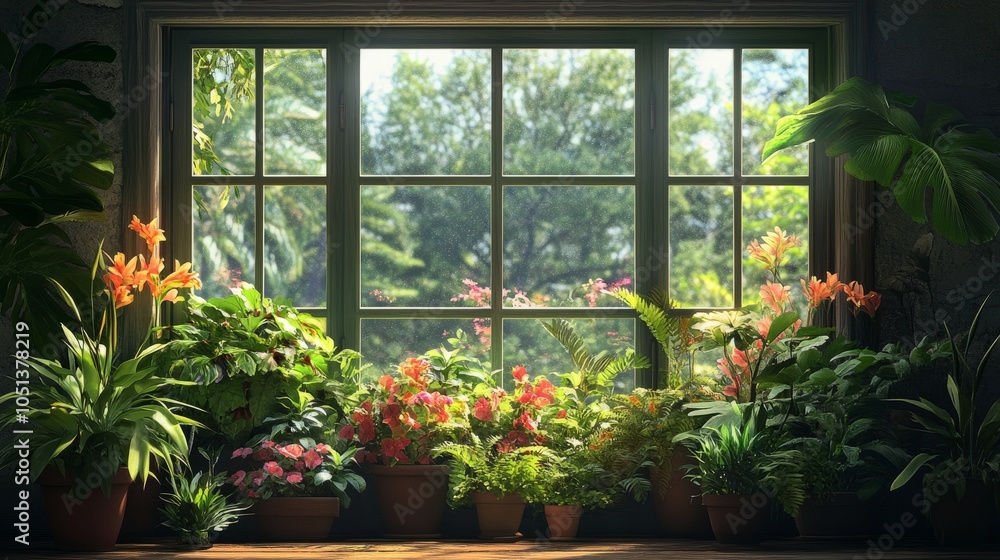 From the inside looking out: window framing a garden rich with green ...