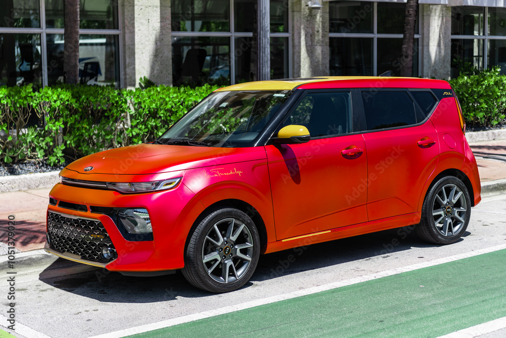 Miami Beach, Florida USA - June 5, 2024: Kia soul red orange in ocean ...