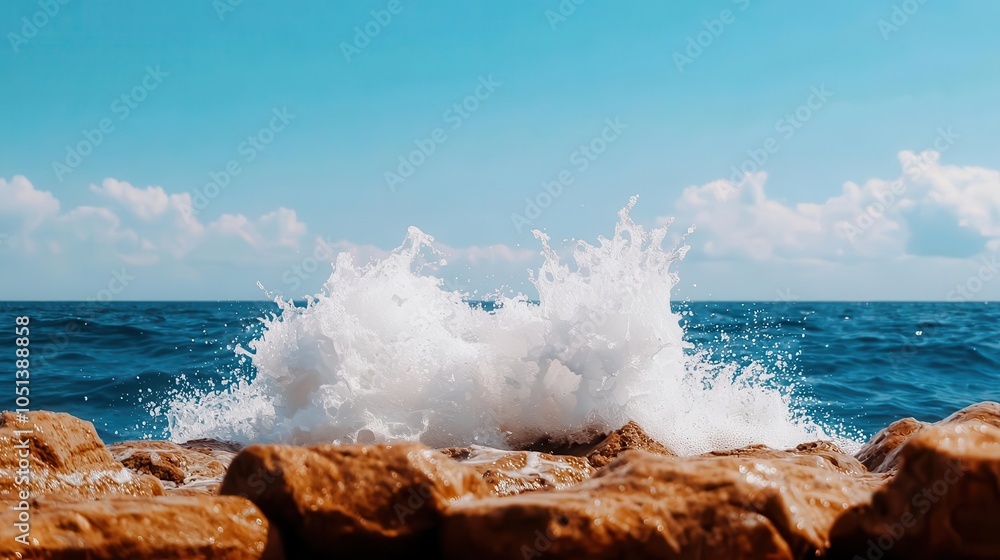 Waves crashing on rocky shore, water splashing in multiple directions ...