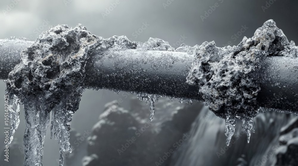 Frozen water pipe bursting with water spraying out, creating dramatic ...