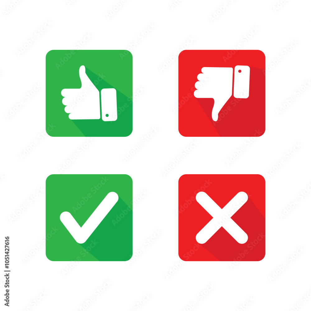 Thumb up and thumb down sign. Check mark and cross mark icon set. Like ...
