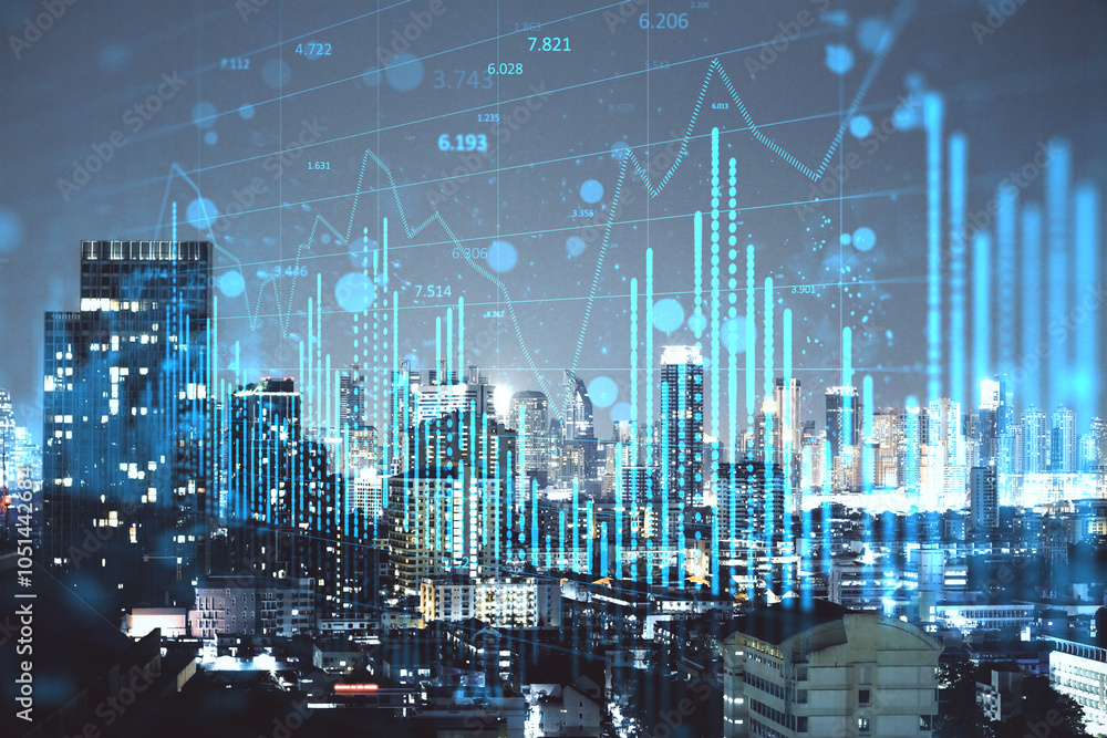 Glowing blue forex chart on blurry city wallpaper. Financial growth ...