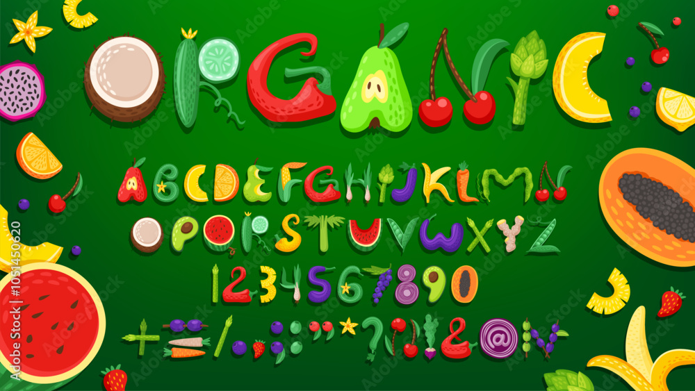 Fruit and vegetable font, healthy type, farm crop alphabet, summer food ...