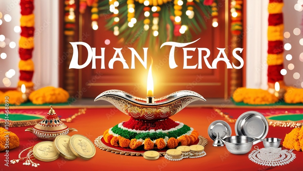 Dhan Teras Celebration with Traditional Diya, Gold Coins, and Decor ...