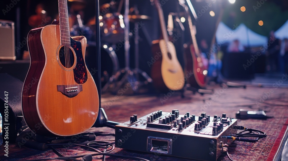 A close-up of an acoustic guitar on a stage with a soundboard and ...