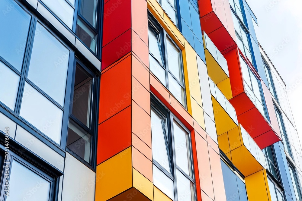 A close-up of the corner exterior wall, showing vertical color blocks ...
