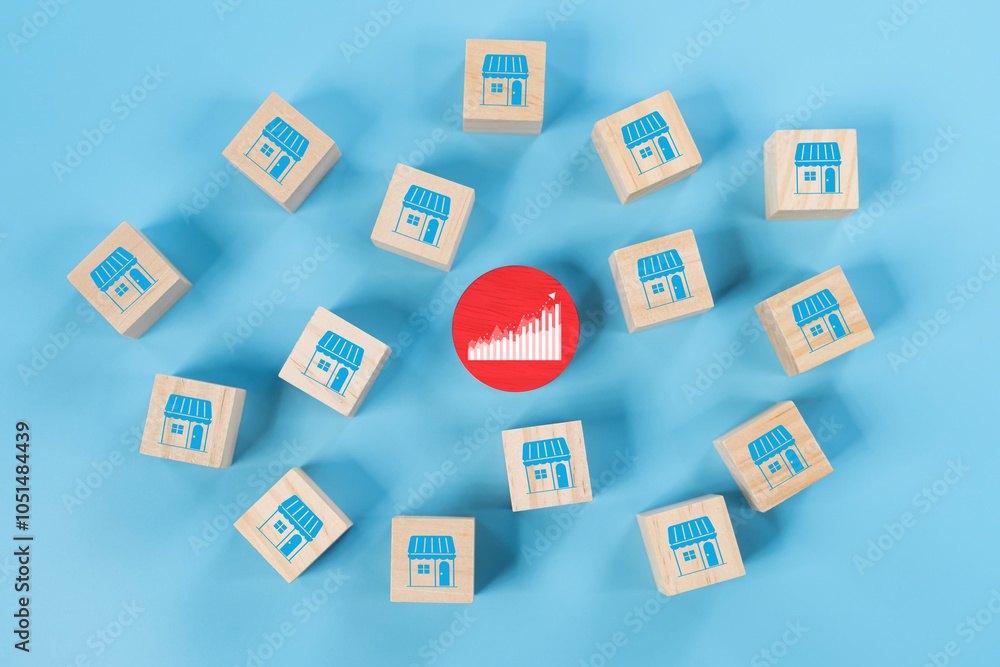 Franchise expansion wooden blocks display store icons for e commerce ...