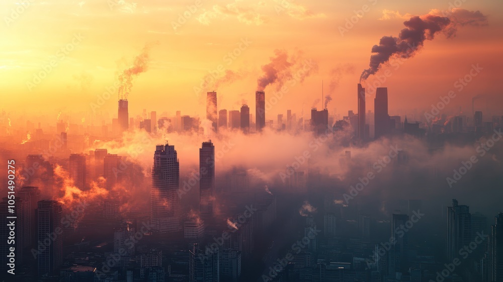 A cityscape with visible smog caused by greenhouse gas pollution, where ...