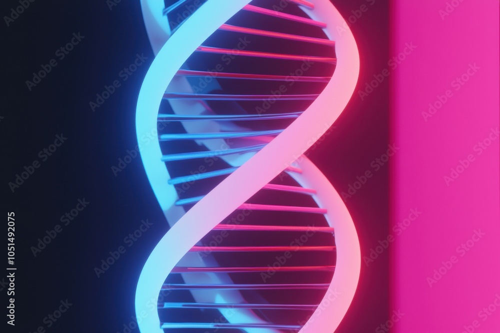 Glowing blue and pink digital DNA strands in futuristic lab ...