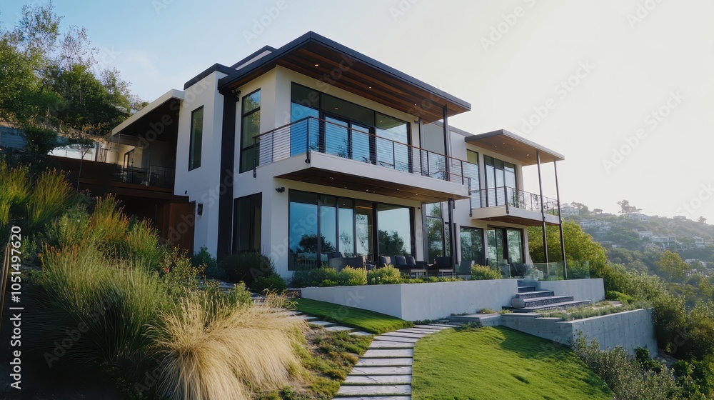 A two-story hillside residence featuring staggered balconies, expansive ...