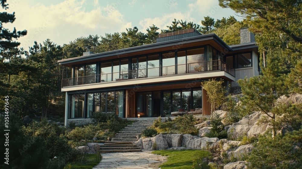 A two-story hillside home with staggered balconies, large glass panels ...