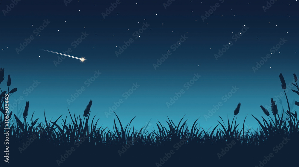 Night sky with shooting star above grassy landscape. Silhouetted grass ...
