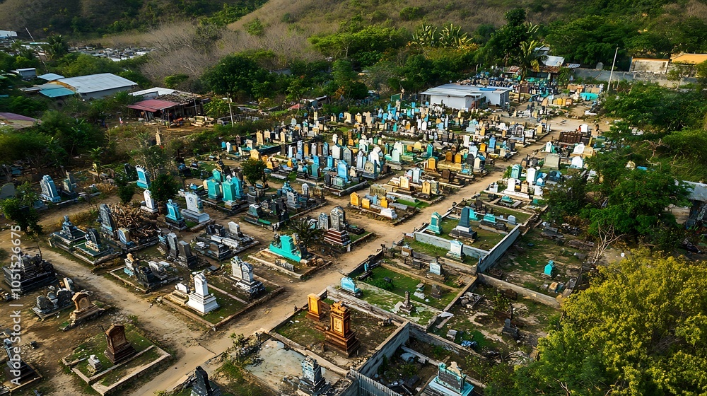 A high-angle view of Diliâ€™s cemetery, highlighting the contrast of ...
