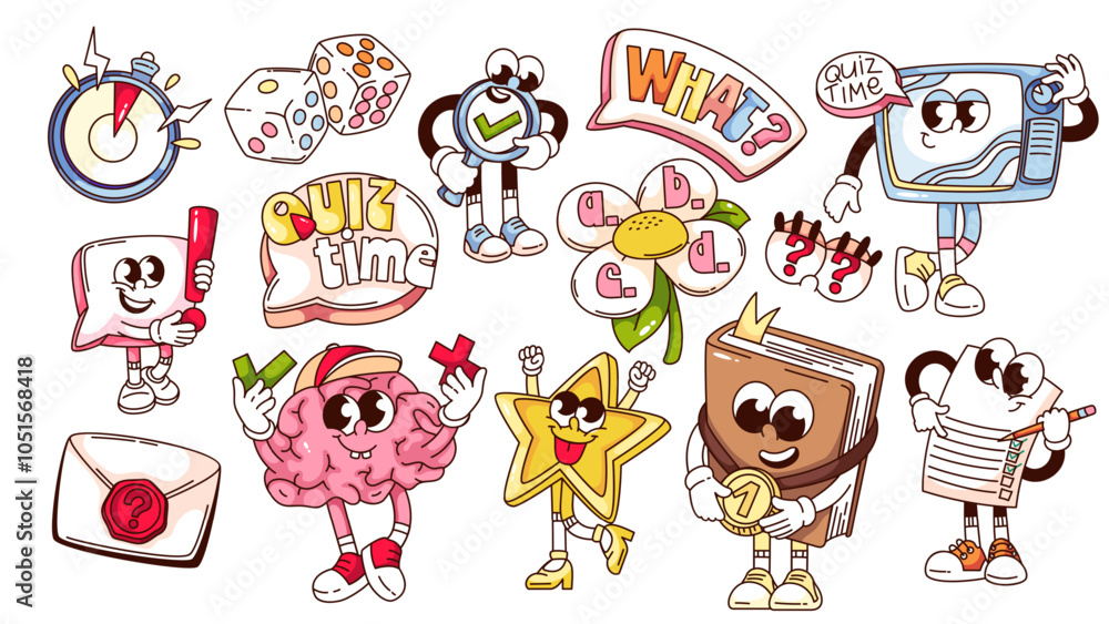 Groovy quiz cartoon characters and stickers set. Funny retro TV and ...