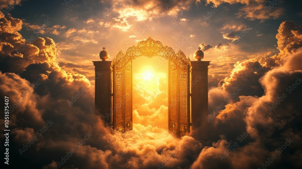 Golden gates illuminated by a divine light, standing majestically in ...