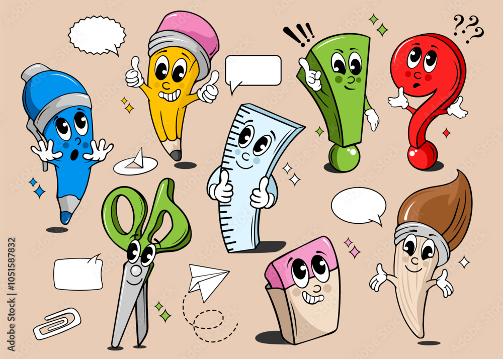 collection of various groovy characters school supplies, pen, pencil ...