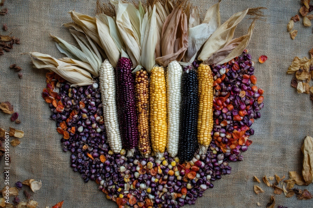 An artful display of colorful corn varieties, from white to deep purple ...