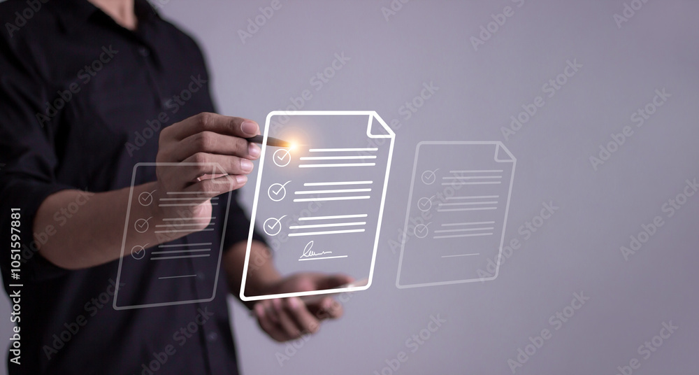 Young man with smartphone mobile hand hold a pen touching to sign a ...