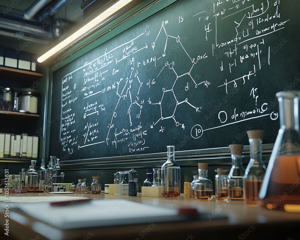 Creative 3D visualization of a blackboard filled with chalkdrawn ...
