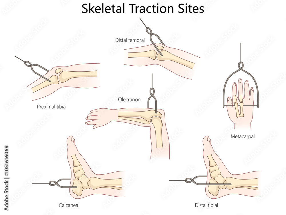 Poster skeletal traction sites on the human body, including proximal ...