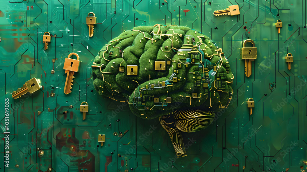 A green brain-shaped circuit board with embedded locks and keys ...