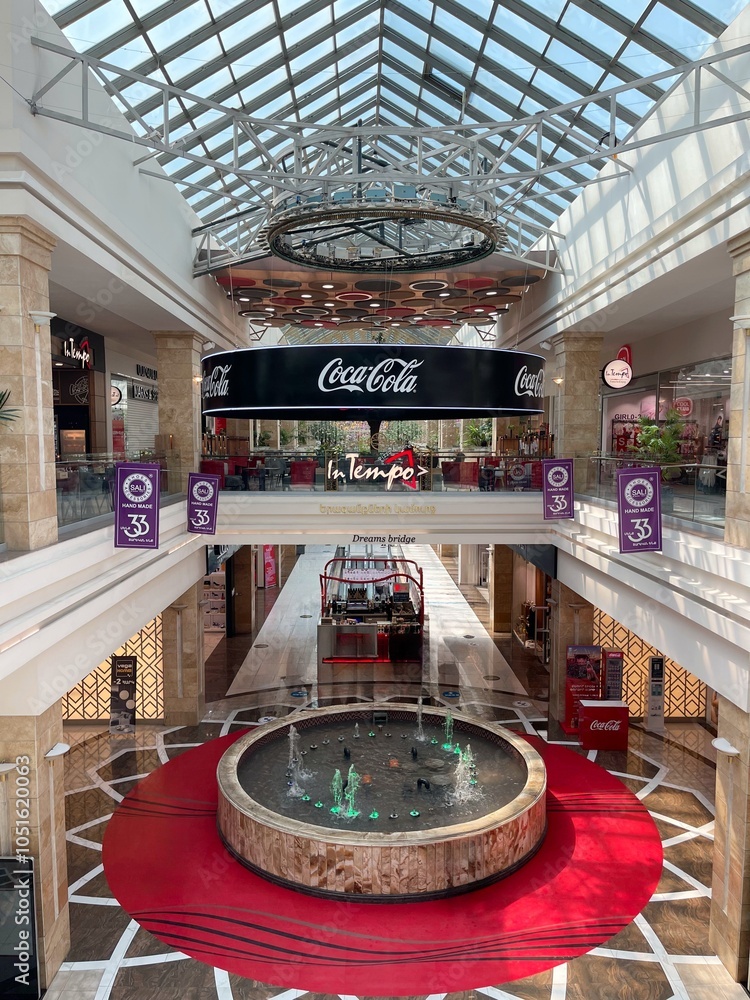 Coca-Cola advertising in hall of shopping center. MegaMall, Yerevan city, Armenia. Mega Mall ...