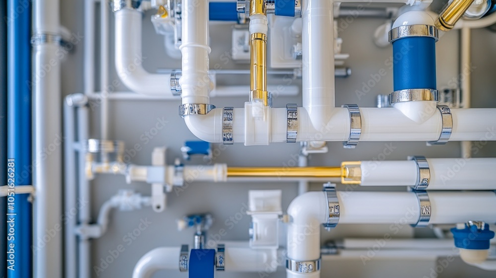 A close-up of a detailed residential building floor plan with plumbing ...