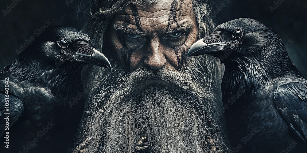 Artistic portrayal of Odin, the Norse god, with his two ravens Huginn ...