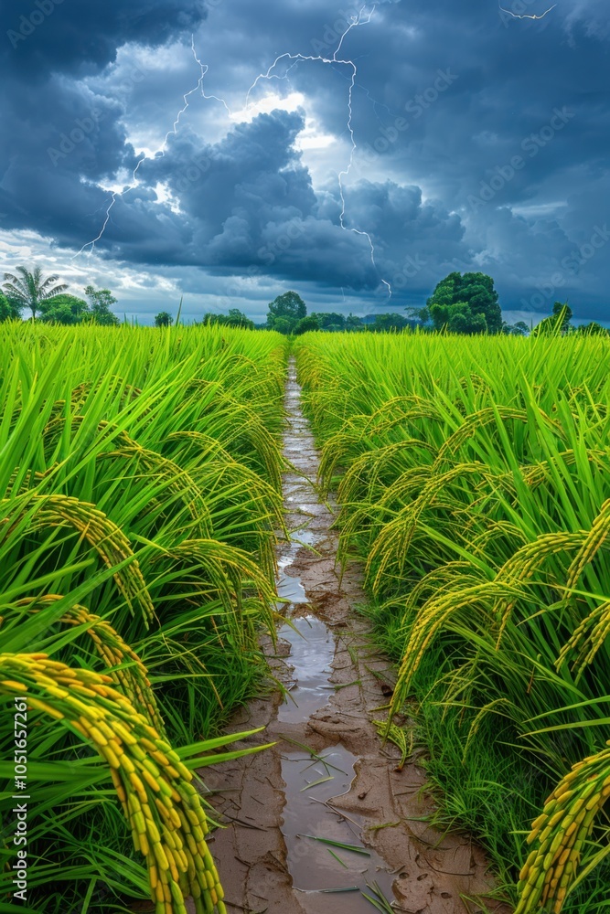 A rice field path stretches under dark storm clouds, highlighting the ...