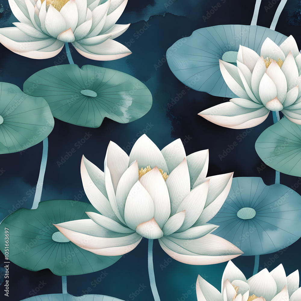 Beautiful lotus flower pattern with leaves on a dark blue background ...