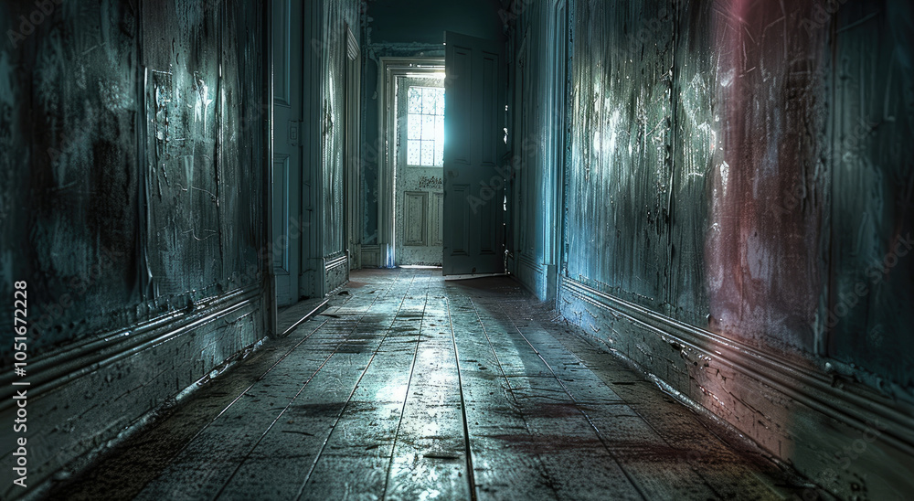 A long, dim hallway in an old, creaky house, with flickering lights and ...