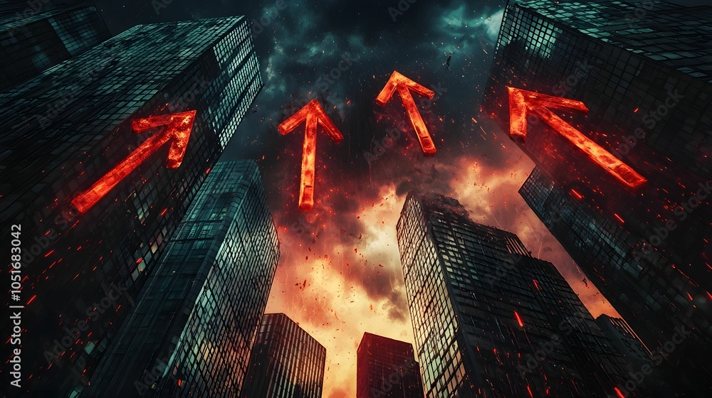 Dramatic scene of glowing arrows pointing upward amidst towering ...