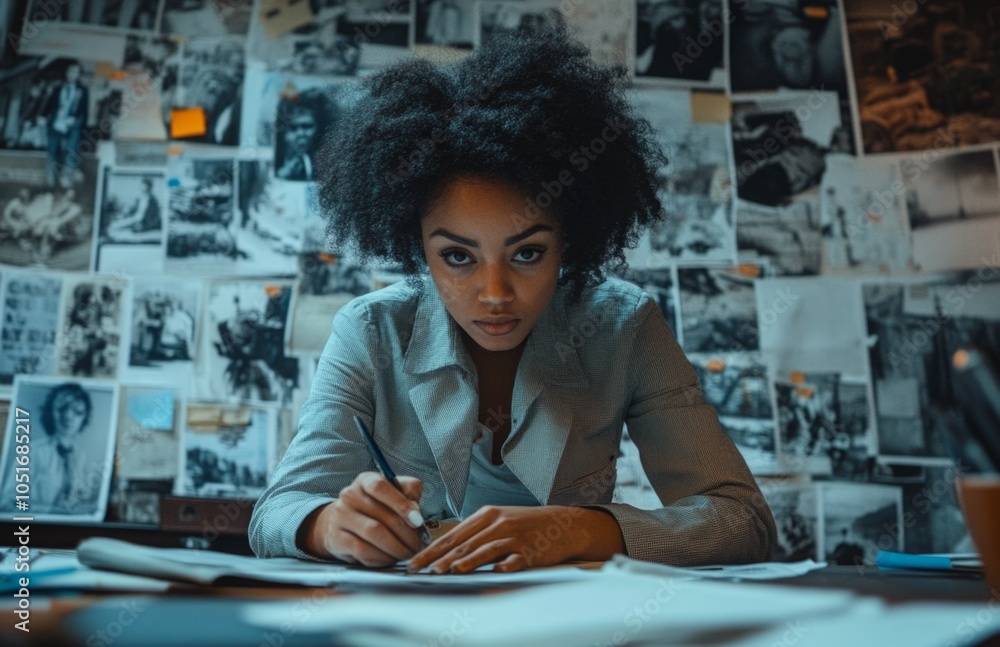 Foto de Black female detective working in office, taking notes with ...