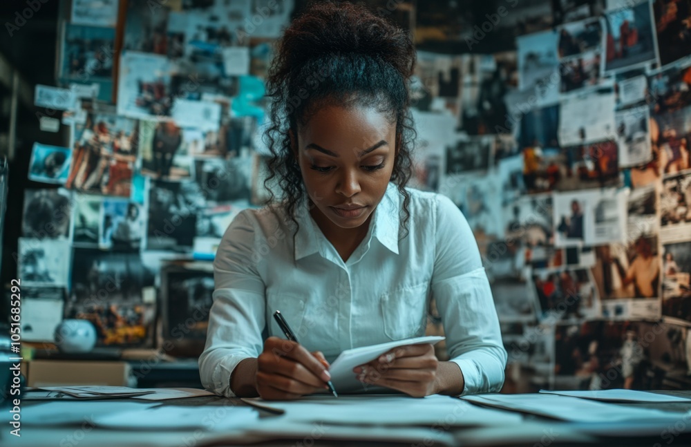 Black female detective working in office, taking notes with crime scene ...